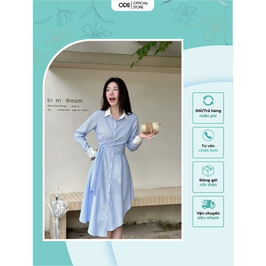 Đầm dài xoè A sọc xanh trắng ODS thiết kế cổ sơ mi trắng, vạt chéo thắt ...