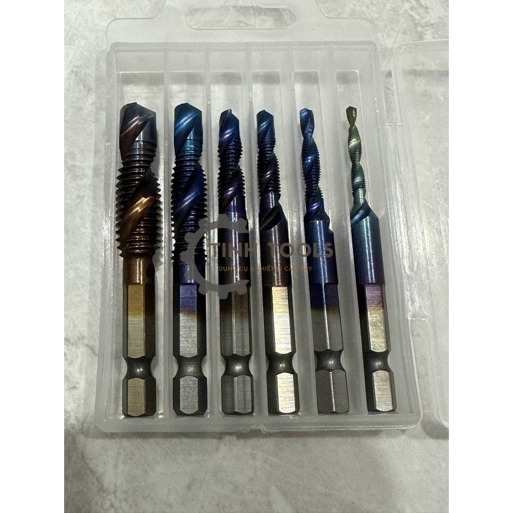 Bộ 6 mũi khoan taro | mũi khoan taro tạo ren đầu lục giác bộ 6 cây TinhTools thép HSS phủ titan ...