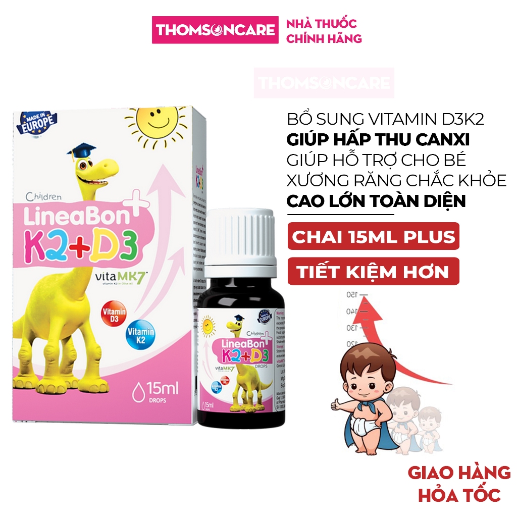 Vitamin D3 K2 Lineabon 15ml tiết kiệm hơn (Hộp hồng) - Hỗ trợ hấp thụ canxi cho bé, tăng chiều ...