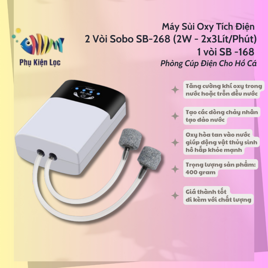 Máy Sủi Oxy Tích Điện 2 Vòi Sobo SB-268 (2W - 2x3Lít/Phút) 1 vòi SB -168 - Phòng Cúp Điện Cho Hồ ...