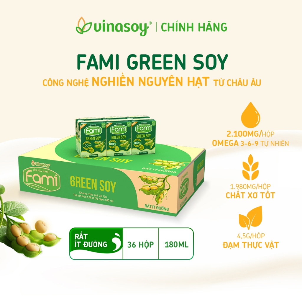Thùng sữa đậu nành Fami Green Soy rất ít đường (**) (36 hộp x 180ml) | Shopee Việt Nam