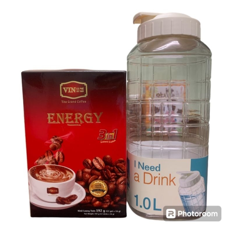 CÀ PHÊ HOÀ TAN 3 IN 1 VIN Hộp12 gói x 16 gr(date:03/2026) KÈM BÌNH NƯỚC ...