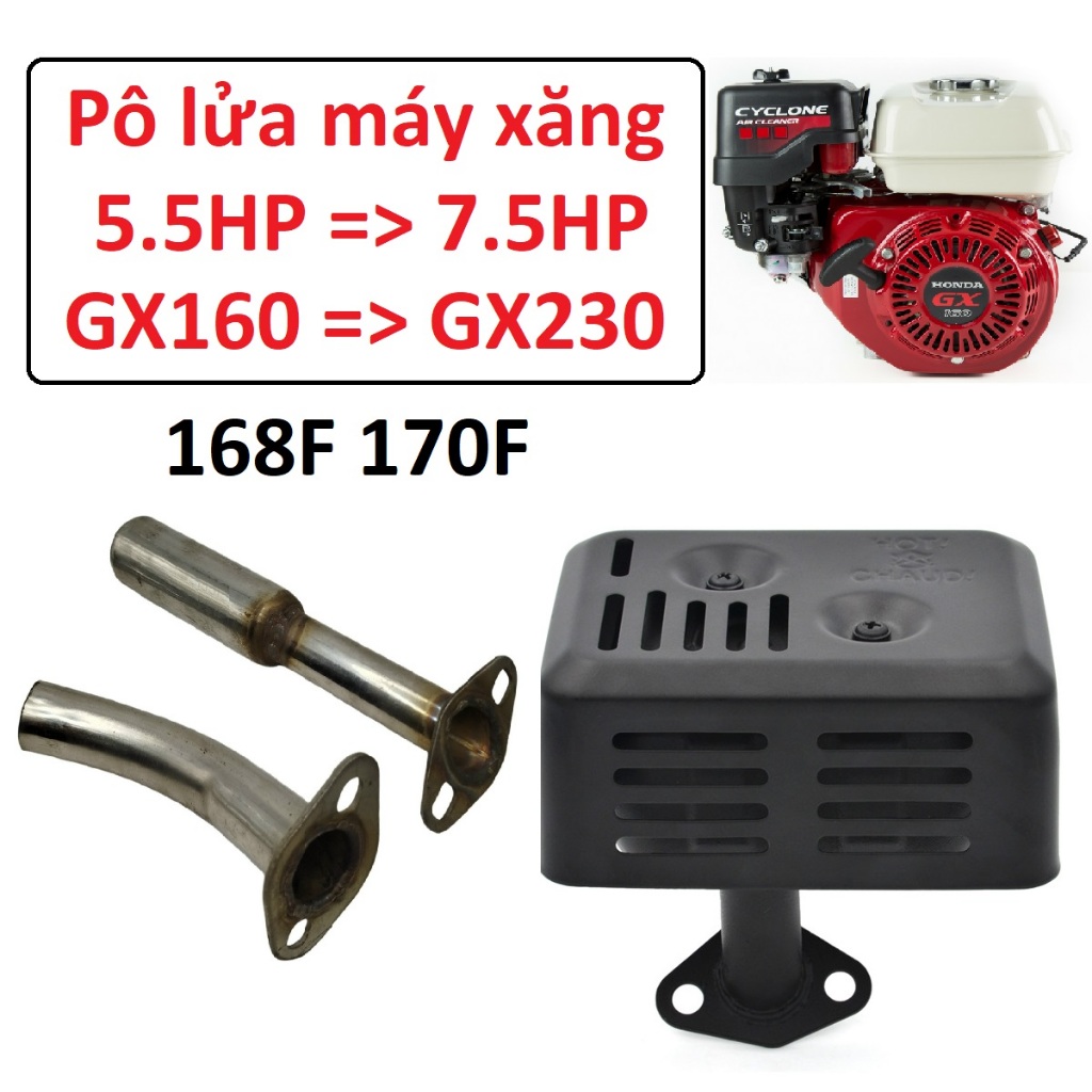 Pô lửa máy xăng 5.5HP => 7.5HP Honda Vikyno ống xả bô ấm giảm thanh 168F 170F GX160 GX200 GX230 ...