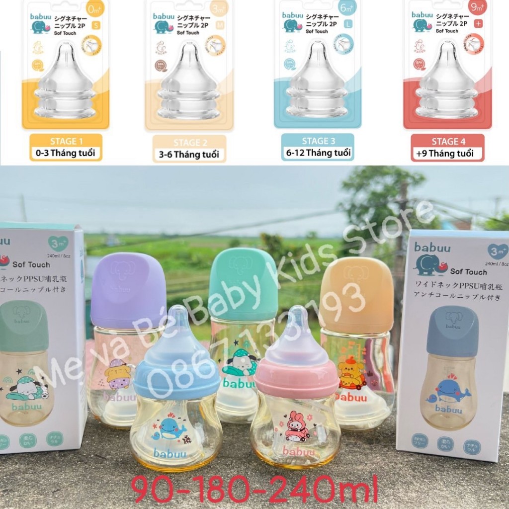 (Tặng kèm 1 núm ti chọn size) Bình Sữa Babuu cổ rộng PPSU họa tiết thú dung tích 90ml, 180ml ...
