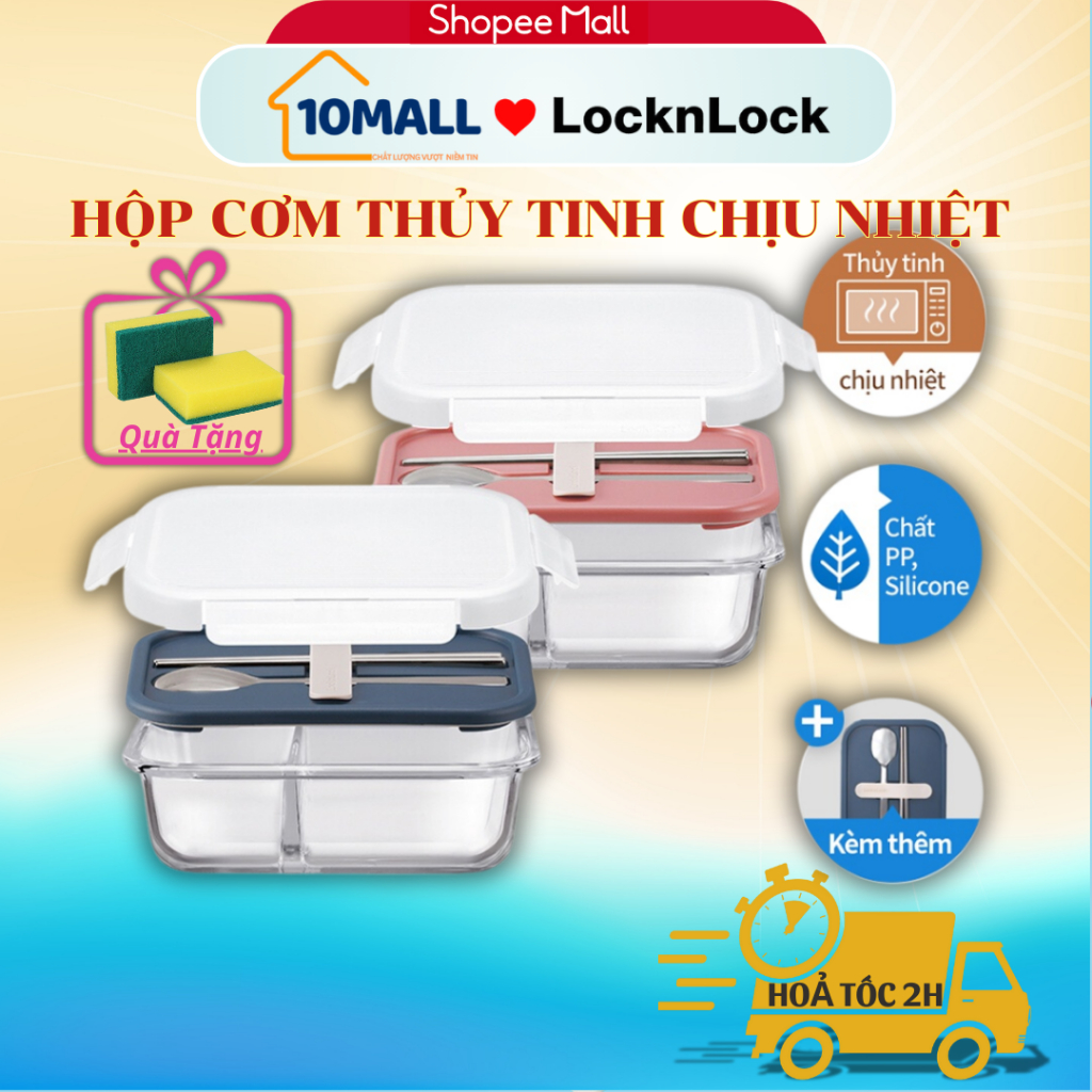 Hộp cơm thủy tinh chịu nhiệt chia ngăn kèm muỗng đũa Lock&Lock 930ml ...
