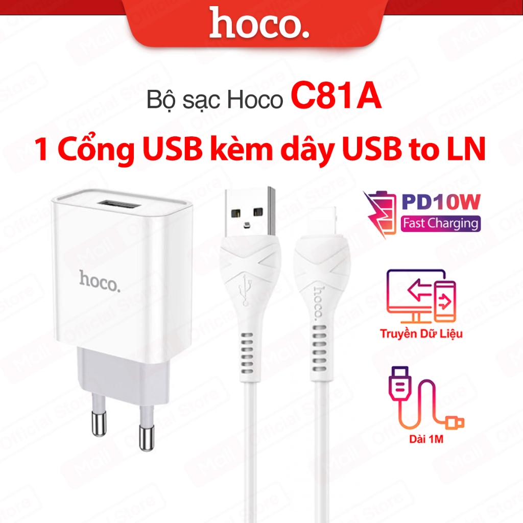 Bộ sạc nhanh PD10W Hoco C81A 1 cổng sạc USB to IP dùng cho ip6/7/8/X/11 ...