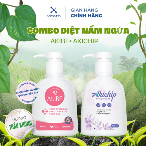 Combo diệt nấm ngứa bao gồm Dung dịch vệ sinh phụ nữ Akibe 120ml và ...