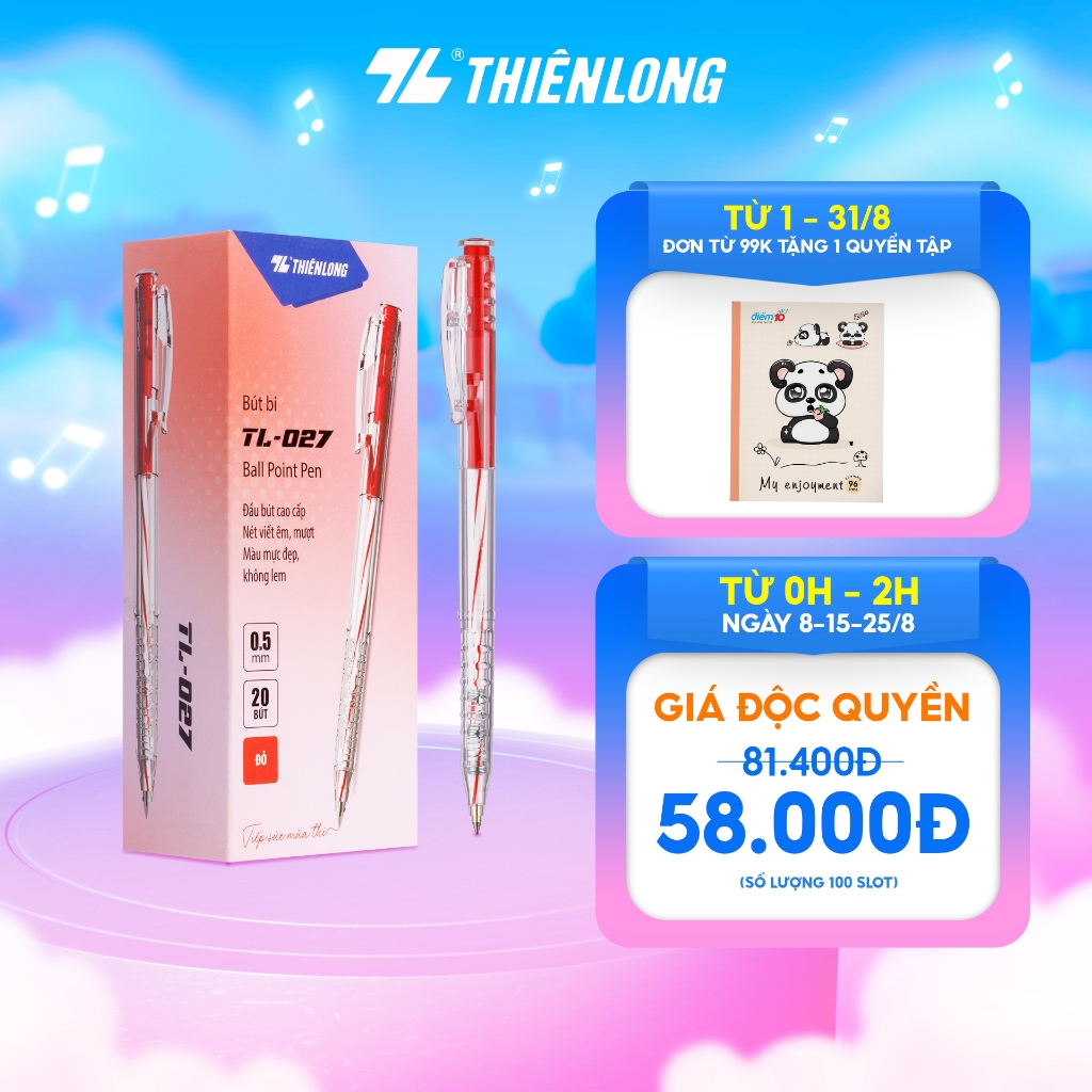 Combo 5/10/20 Bút bi Thiên Long TL-027 mực xanh/đỏ/đen/tím ngòi 0.5mm ...