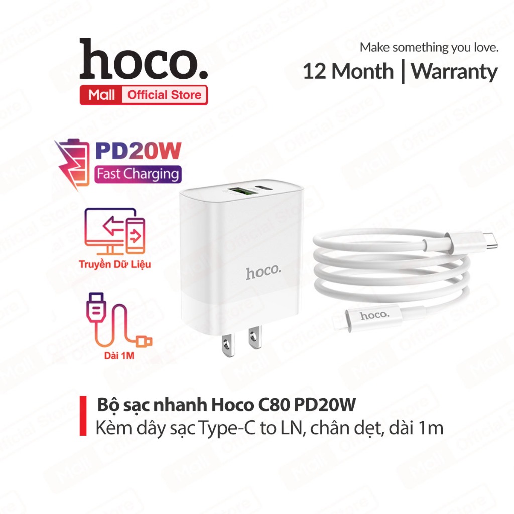 Bộ sạc nhanh Typec to IP PD20W 3.0A Hoco C80/C80A plus 2 cổng ( USB + Type-C ) dùng cho 11/12/13 ...
