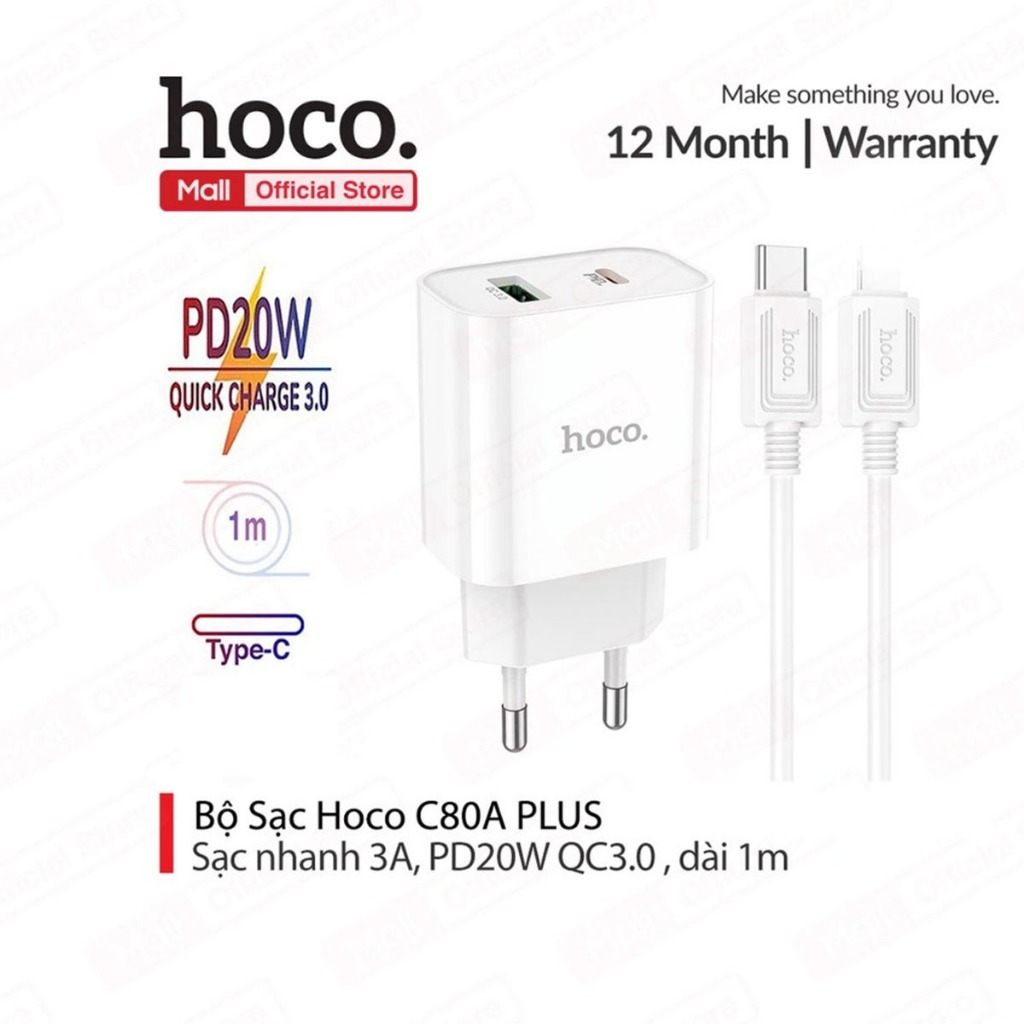 Bộ sạc nhanh Typec to IP PD20W 3.0A Hoco C80A PLUS 2 cổng 1U+1C dùng cho ip7/8/X/11/12(CHÂN TRÒN ...