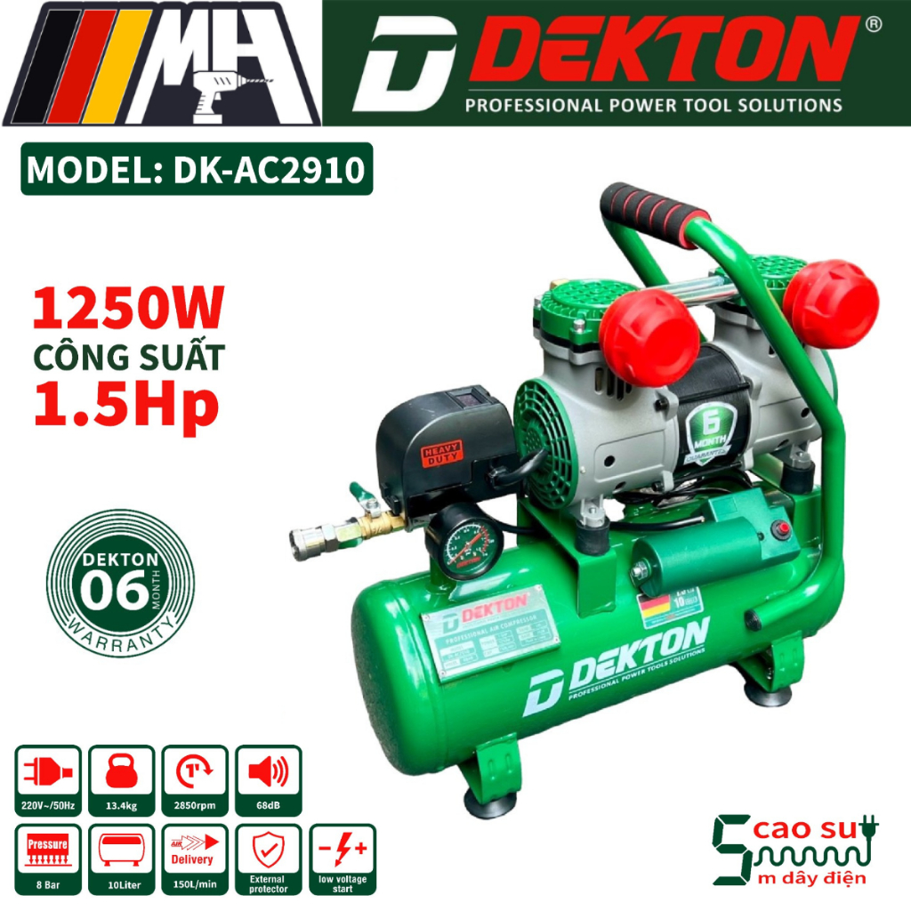Máy Nén Khí Không Dầu Dekton DK-AC2910 - Công Suất 1250W/1.5HP - 10 Lít ...