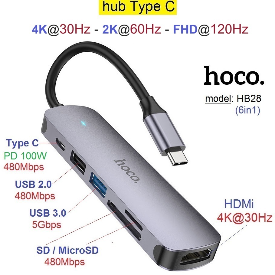 Hub Type C macbook 6in1 Hoco HB28 (HDMi, usb-A, SD, microSD,Type C PD ...
