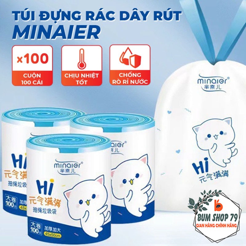 Cuộn 100 Túi Đựng Rác Tự Hủy Minaier Chất Liệu PE Thiết Kế Dây Rút, Túi Rác Chịu Nhiệt An Toàn ...