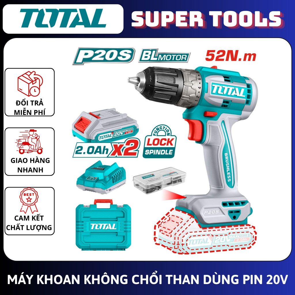 TOTAL Máy khoan không chổi than dùng pin 20V KÈM PIN SẠC TDLI204531 ...