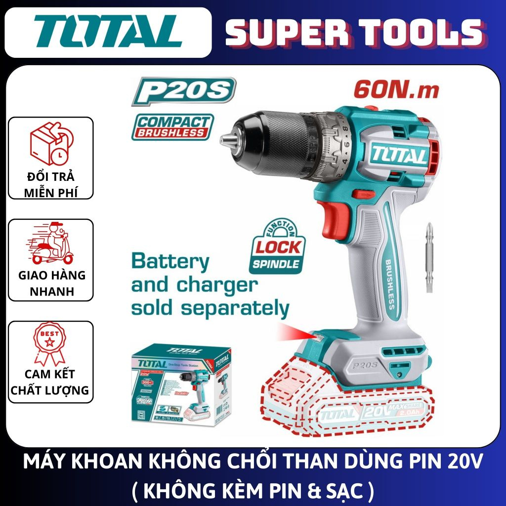 TOTAL Máy khoan không chổi than không búa 20V KÈM PIN SẠC TDLI20602 ...