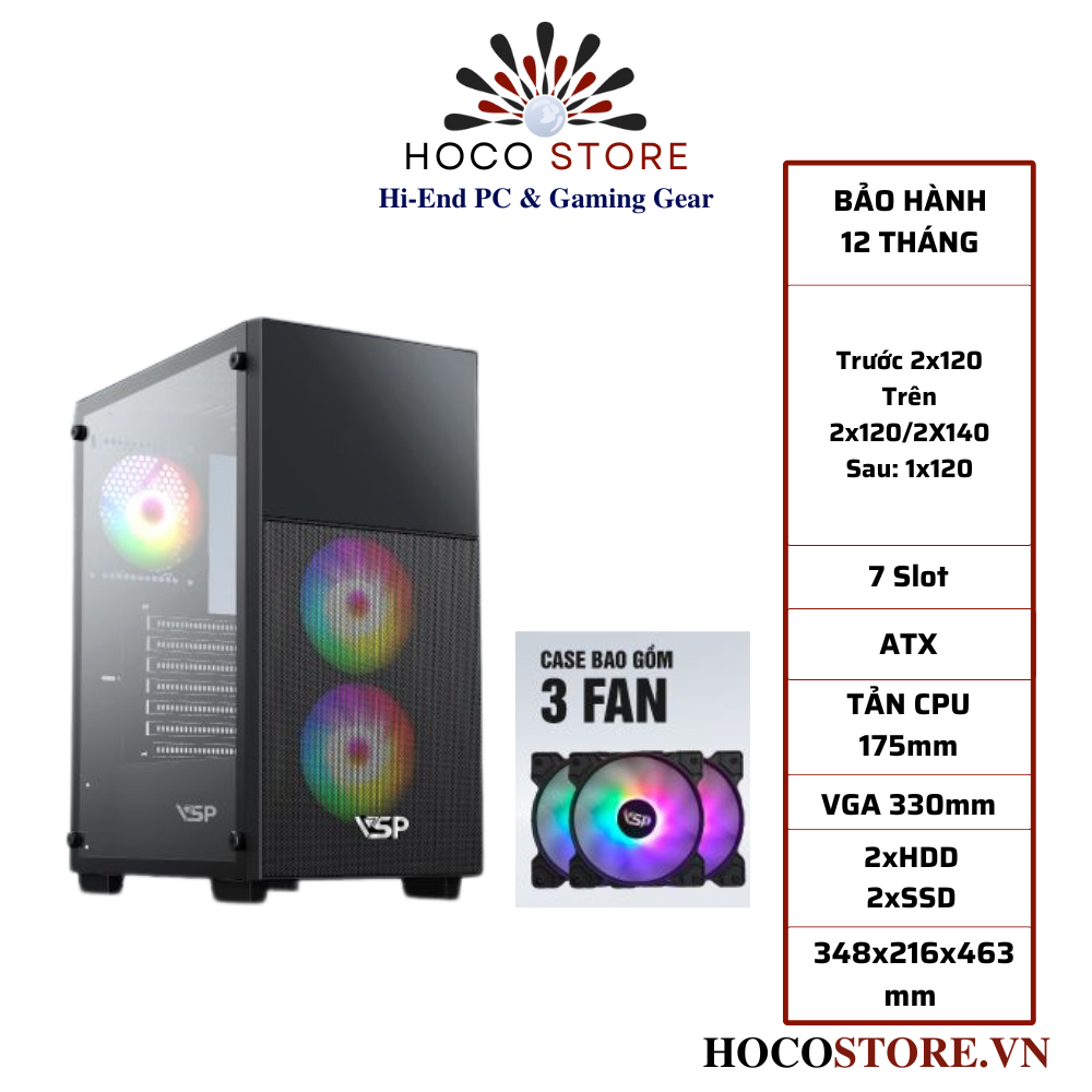 Case Máy Tính Gaming VSP KA34 - Màu Đen Kèm 3 Fan LED | Hoco Store PC | Shopee Việt Nam