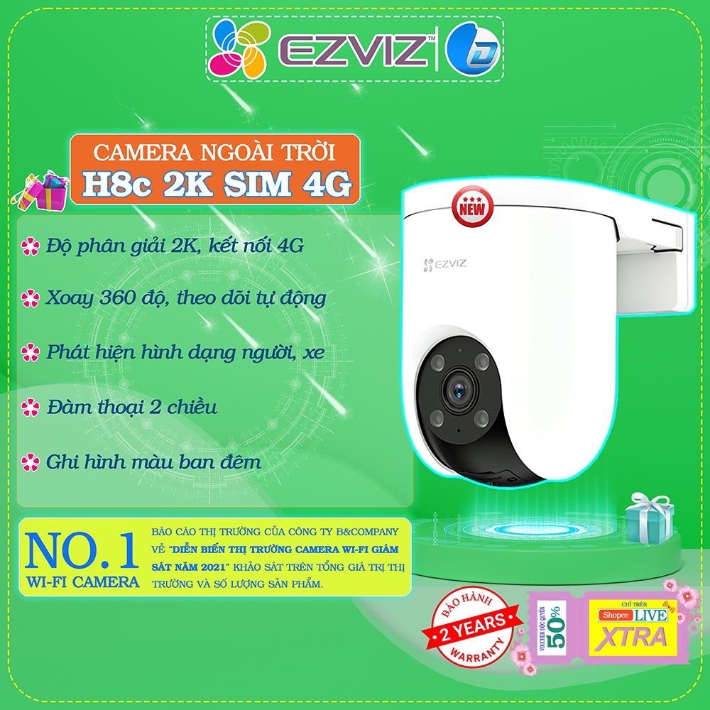 Camera dùng sim Ezviz H8C 4G 3MP 2K chính hãng, màu ban đêm, báo động ...