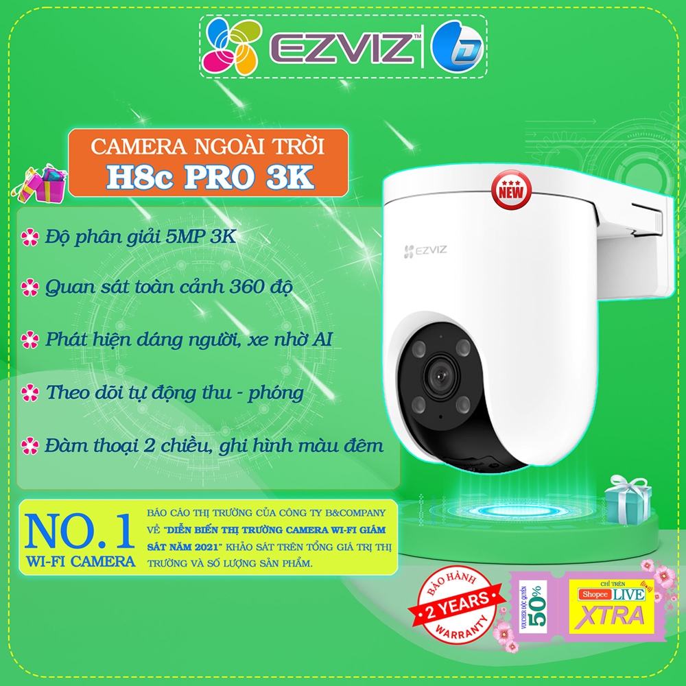 Camera wifi ngoài trời Ezviz H8c PRO 3MP/4MP/5MP 2K 2K+ 3K, xoay 360, đàm thoại, màu đêm ...