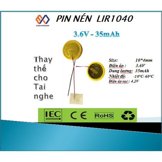 Linh kiện điện tử pinLi-ion 3.6V LIR1040 35mAh cho tai nghe hổ vằn ...