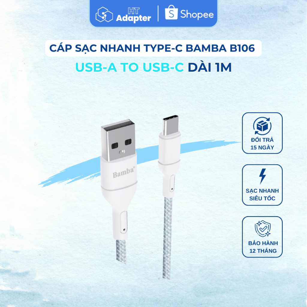 Cáp sạc nhanh type C Bamba B106 USB-A to USB-C thích hợp cho các thiết ...