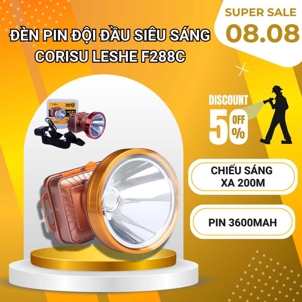 Đèn pin đội đầu Leishe F288-1 corisu siêu sáng 120W chiếu xa 200m ánh ...