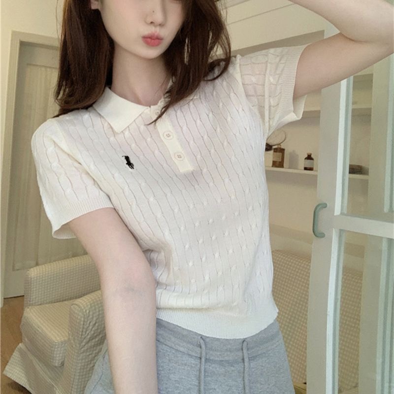 Áo Len Dệt Kim Polo Tay Ngắn, Áo Len Cổ Bẻ Thêu Ngựa Ngực Xoắn Thừng ...