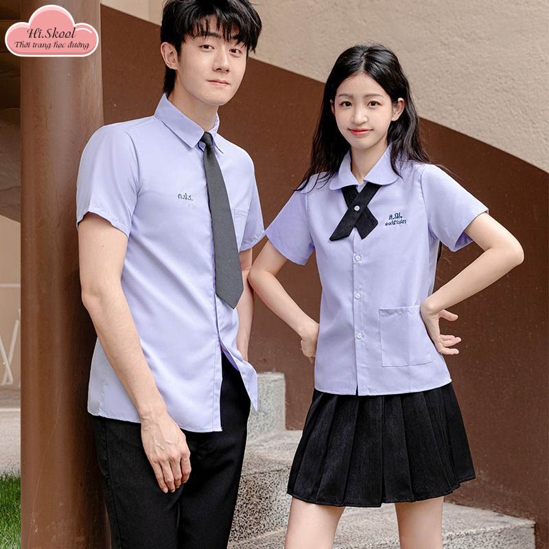 Set áo sơ mi nam Thái Lan nanno màu tím kèm cavat mix quần lửng quần dài trơn đồng phục học sinh ...