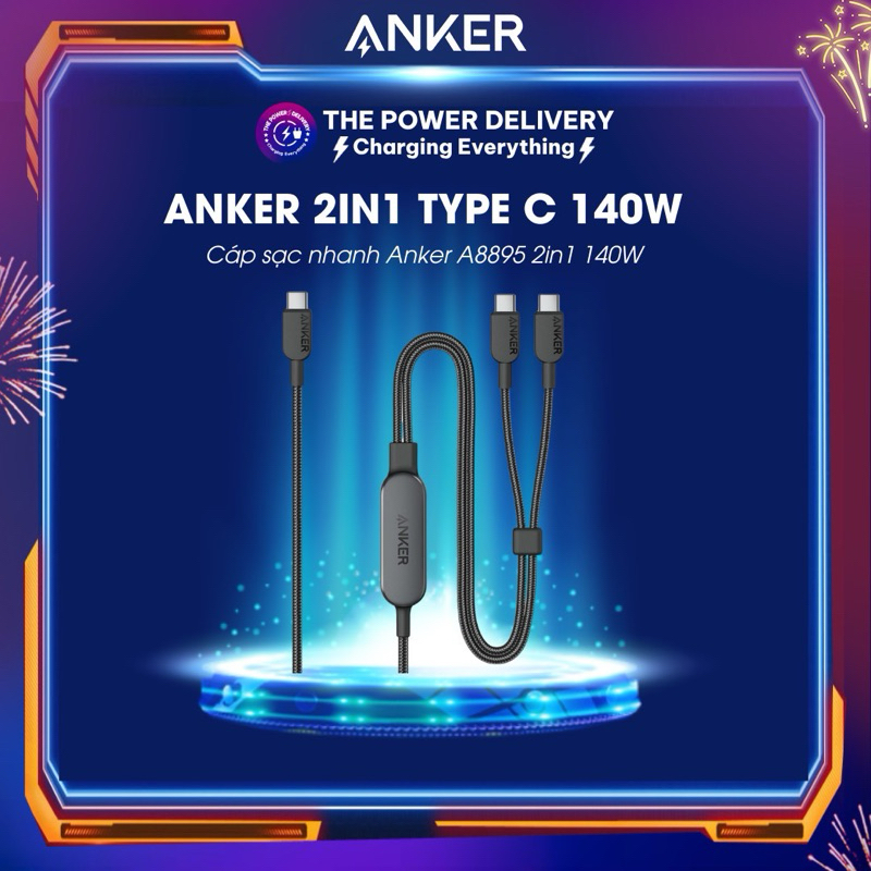 Cáp sạc nhanh Anker 2 in 1 USB C to USB C 140W - A8895, chiều dài 1m2, dây bọc dù chắc chắn ...