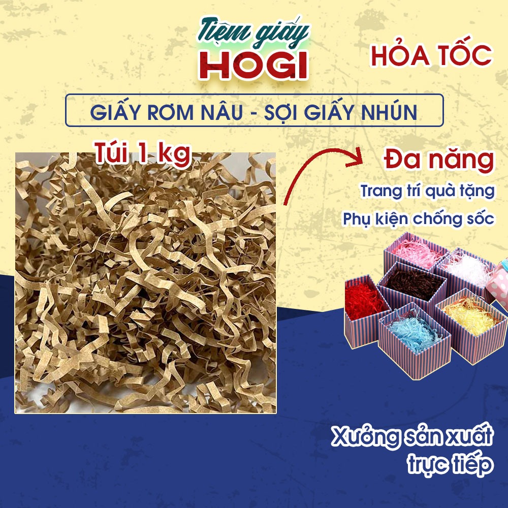 1kg giấy rơm nâu sợi nhún HOGI, giấy lót hộp quà cắt sợi đa năng, tiện ...