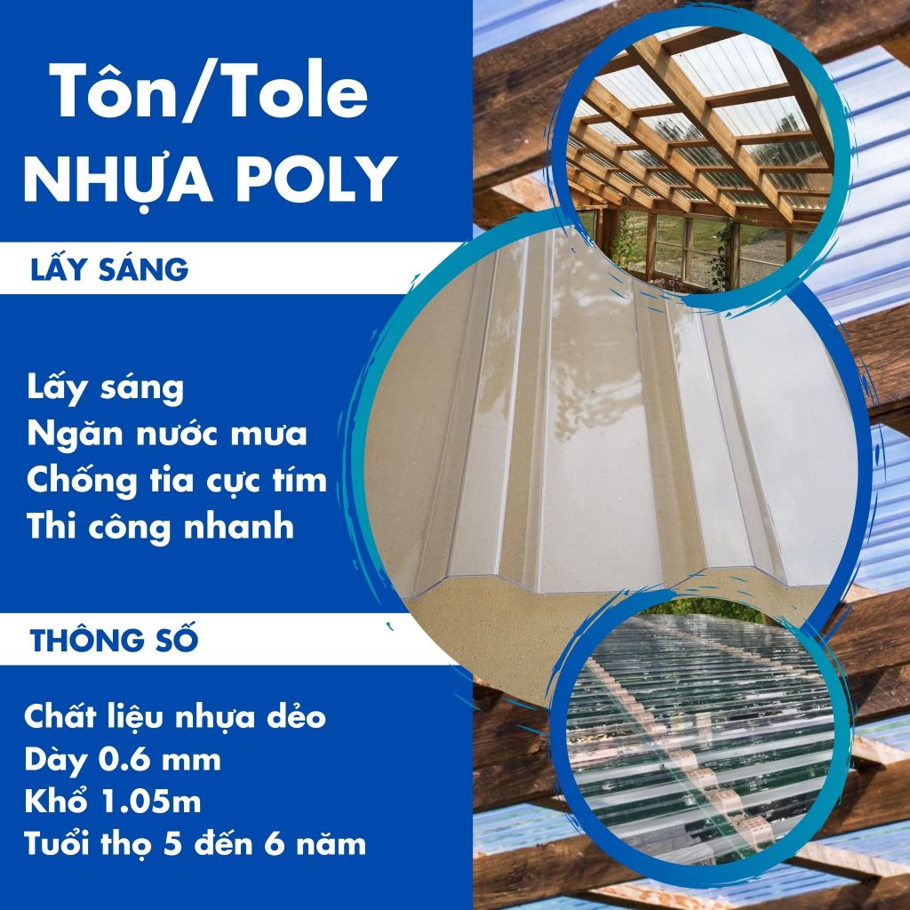 Tôn (tole), Tấm nhựa Poly màu trong suốt dạng sóng, ngăn mưa, lấy sáng ...