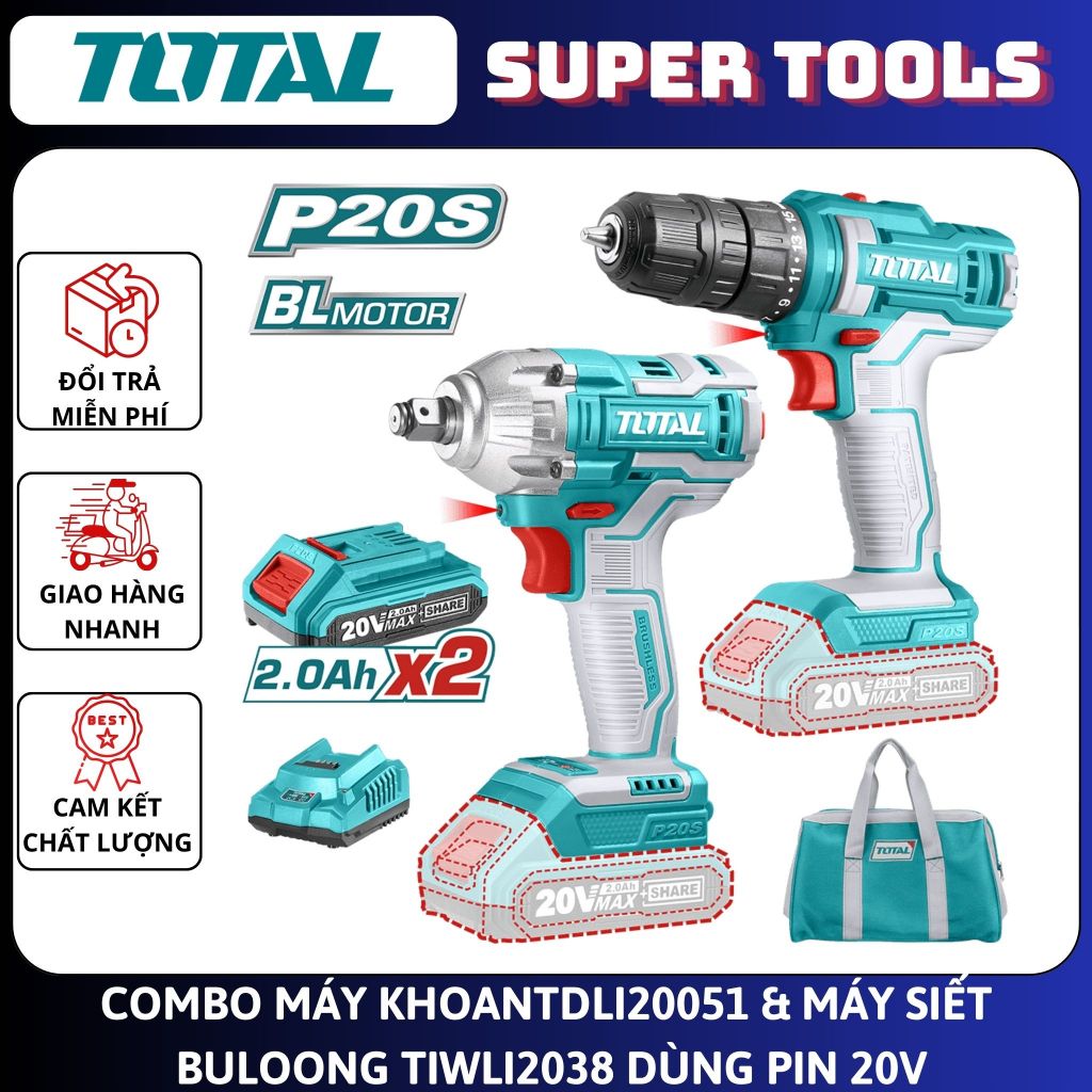 TOTAL Bộ combo máy khoan TDLI20051 và máy siết buloong TIWLI2038 dùng pin 20V TCKLI2017 | Shopee ...
