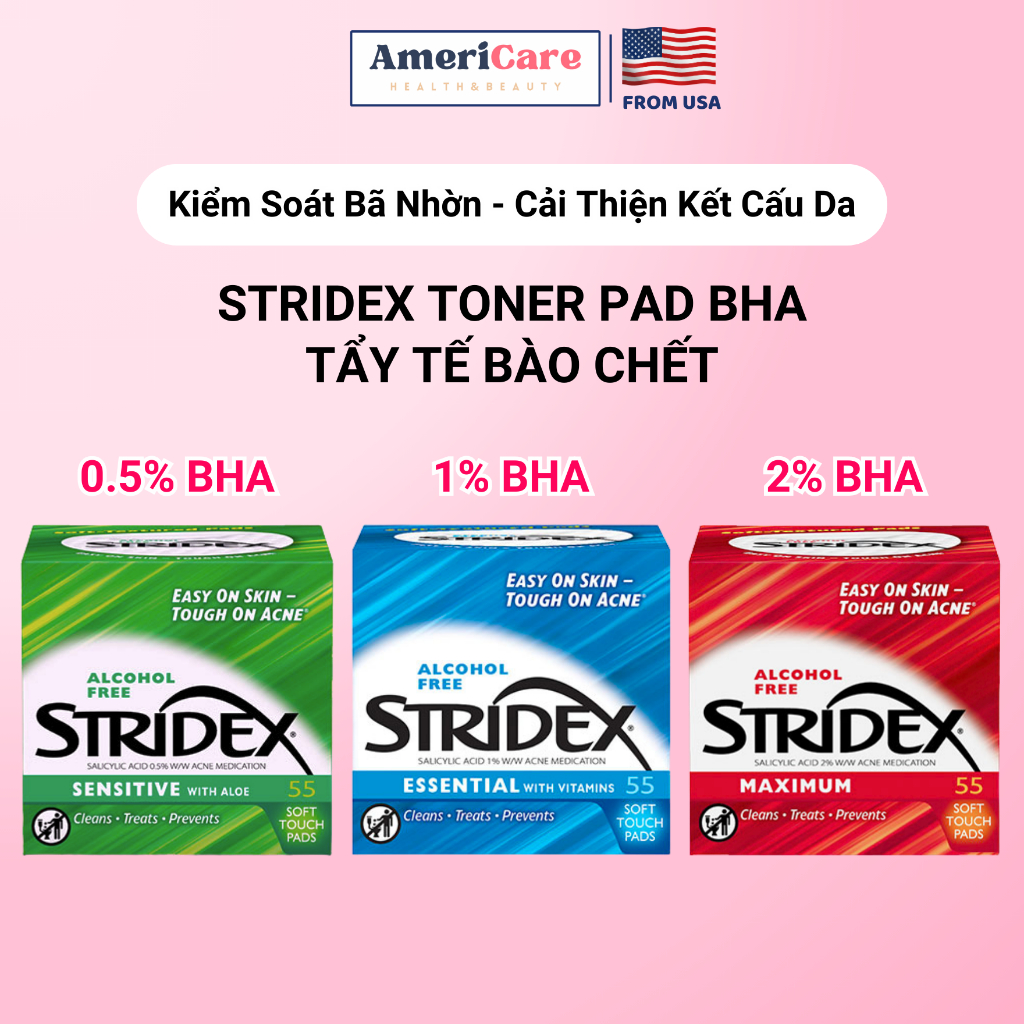 Miếng lau giảm mụn Toner Pad Stridex BHA, tẩy tế bào cho da nhạy cảm, alcohol free stridex BHA 0 ...