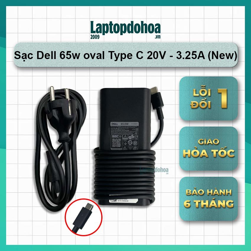 [BH06T] Bộ sạc laptop Dell 65w Oval Type C 20V - 3.25A kèm dây nguồn ...