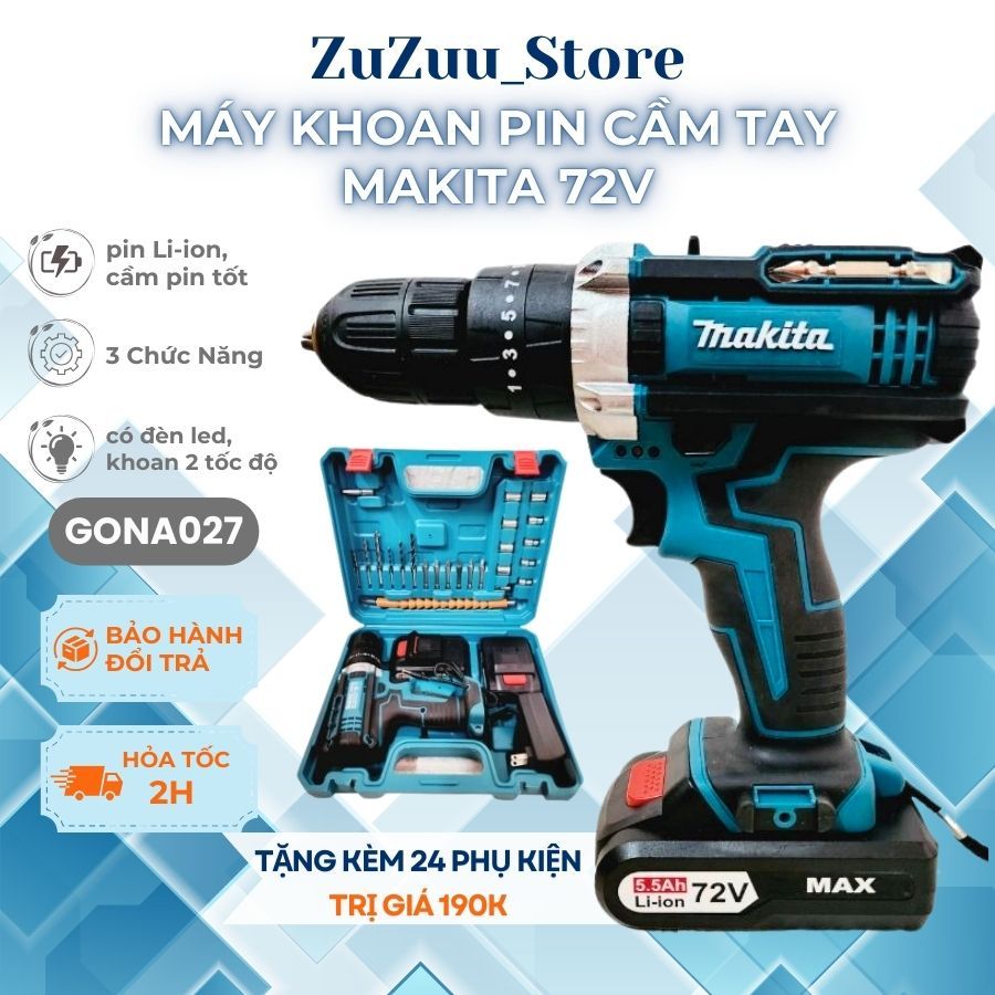 Máy khoan cầm tay pin Makita 72V GONA, 3 chức năng khoan tường,bắt vít,khoan sắt tặng 24 phụ ...