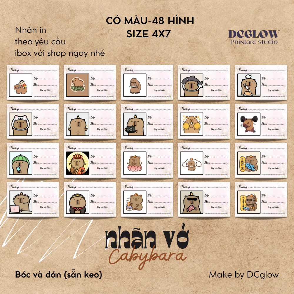 Set 48 Nhãn vở CAPYBARA (BẢN CÓ MÀU) siêu đáng yêu, dễ thương bóc dán ...