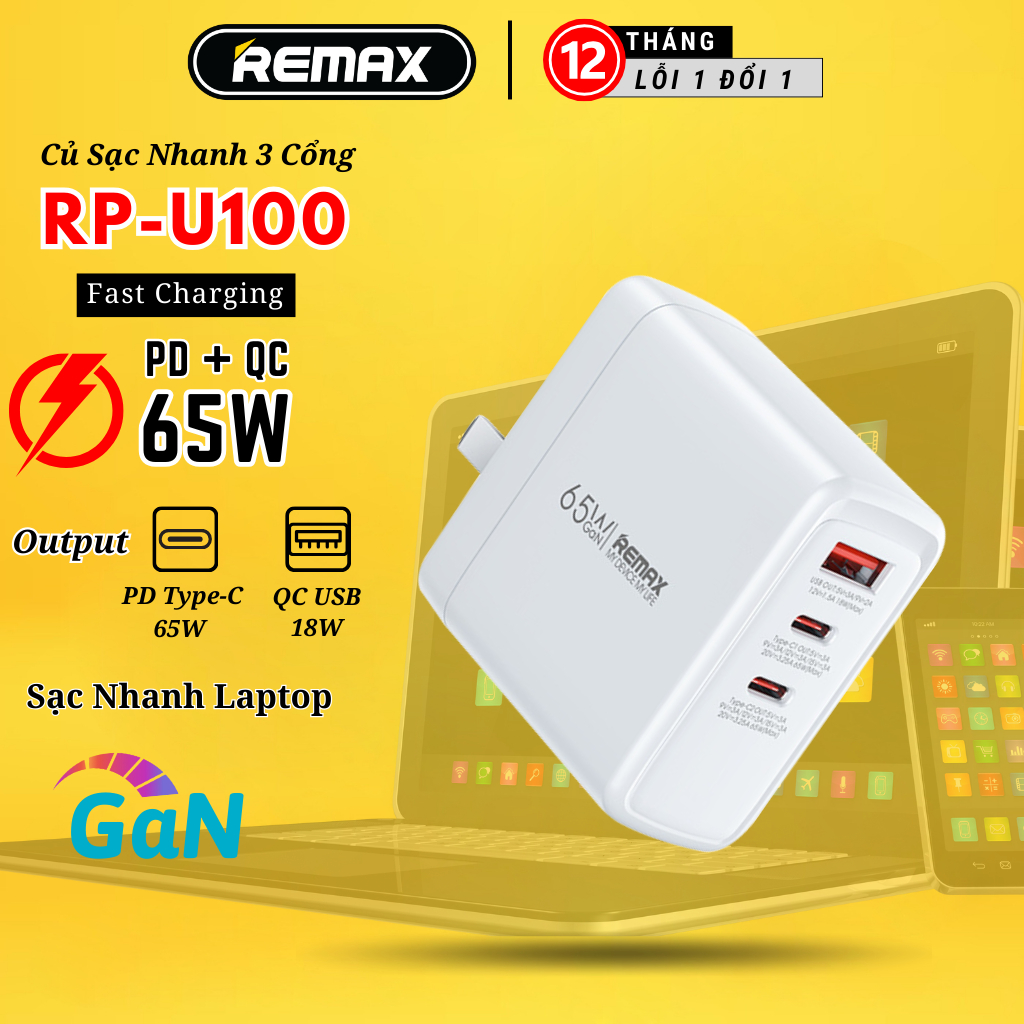 Củ sạc nhanh 3 cổng GaN 65W Remax RP-U100 Sạc cho cả Laptop và tab ...