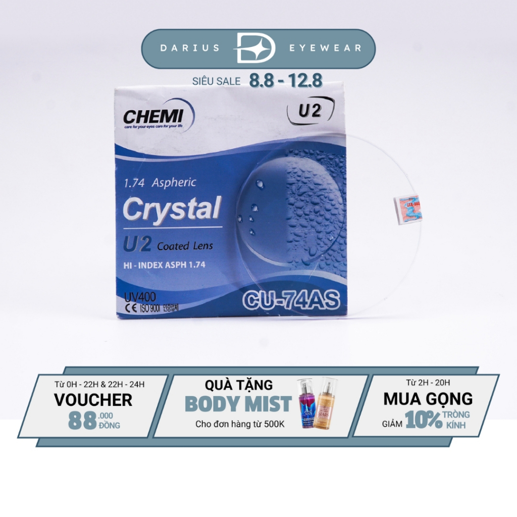 Tròng kính cận loạn CHEMI U2 U6 chống xước, chống bám hơi nước, vân tay chống ánh sáng xanh ...