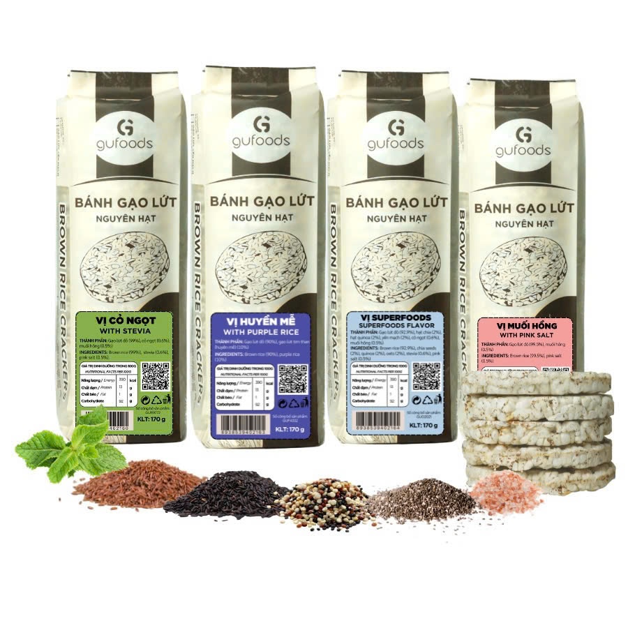 Combo 4 Gói Bánh Gạo Lứt GUfoods Mix 4 Vị Huyền Mễ, Superfoods, Cỏ Ngọt ...