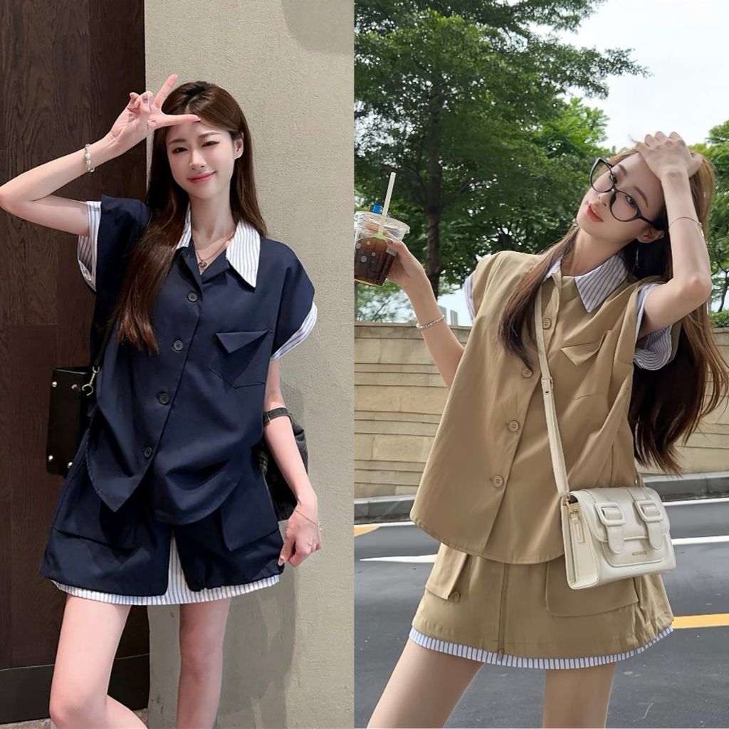 Set áo GILE phối sơ mi mĩ chân váy túi hộp phong cách thời trang KIMEE MA331 | Shopee Việt Nam