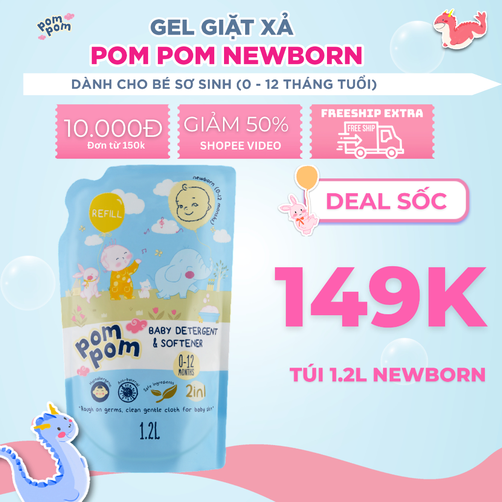 Nước Giặt Xả Cho Bé Sơ Sinh 0-12 Tháng Pom Pom Newborn Sạch Sâu Nôn Trớ ...