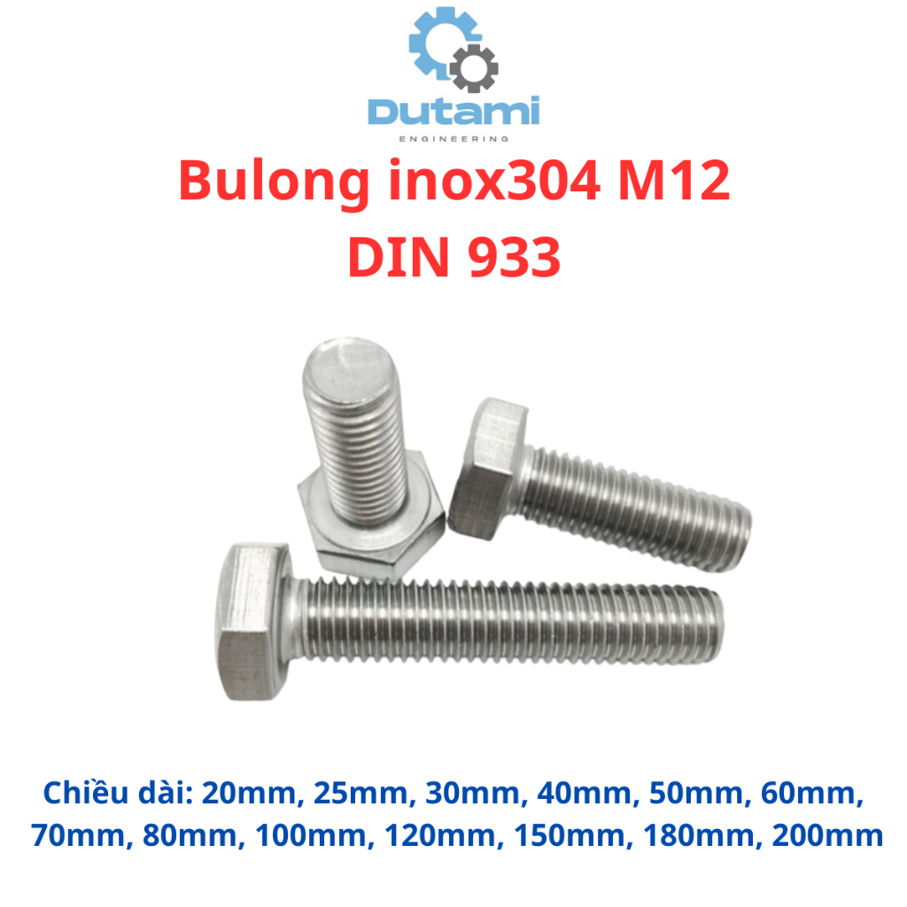 Bulong inox 304 M12 (20mm - 200 mm). Ốc lục giác ngoài 12 li gồm 1 ...