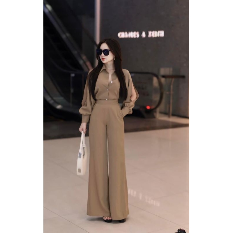 Sét nữ ống rộng,quần loe mix áo sơmi tay dài xẻ ống tông dáng cho nàng phong cách sang trọng ...