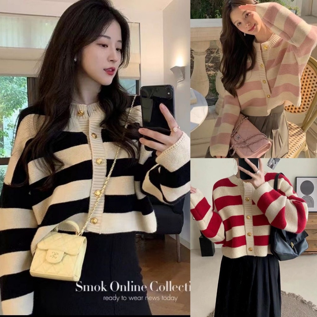 (HÀNG QUẢNG CHÂU LOẠI 1) Áo khoác len Cardigan dáng croptop họa tiết kẻ ngang phối cúc vàng sang ...