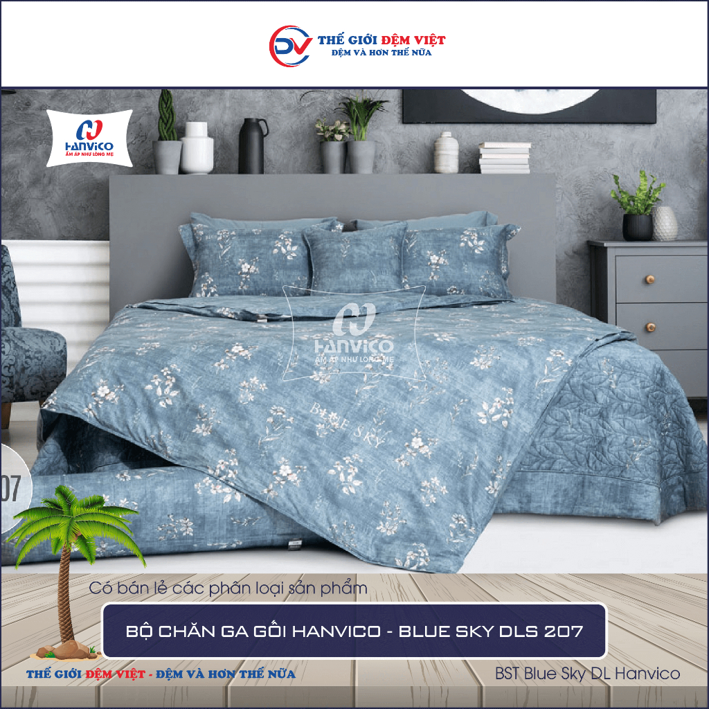 ☀️ Bộ Chăn Ga Gối ☀️ Hanvico Blue Sky DLS 207, Chất liệu - Cotton cao cấp (bán lẻ Ga chun, vỏ ...