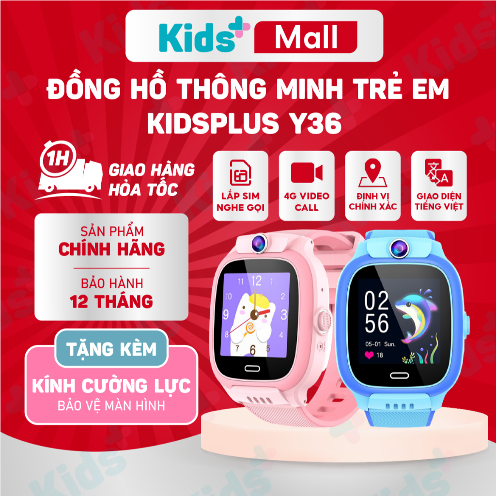 Đồng hồ thông minh trẻ em KidsPlus Y36 4G Video Call lắp sim nghe gọi hai chiều, định vị WIFI ...