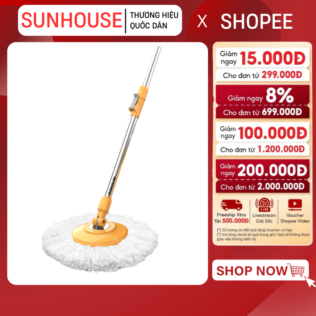 CÂY LAU NHÀ XOAY 360 ĐỘ SUNHOUSE KS-MO350I - Cán bằng inox 201, Bông ...
