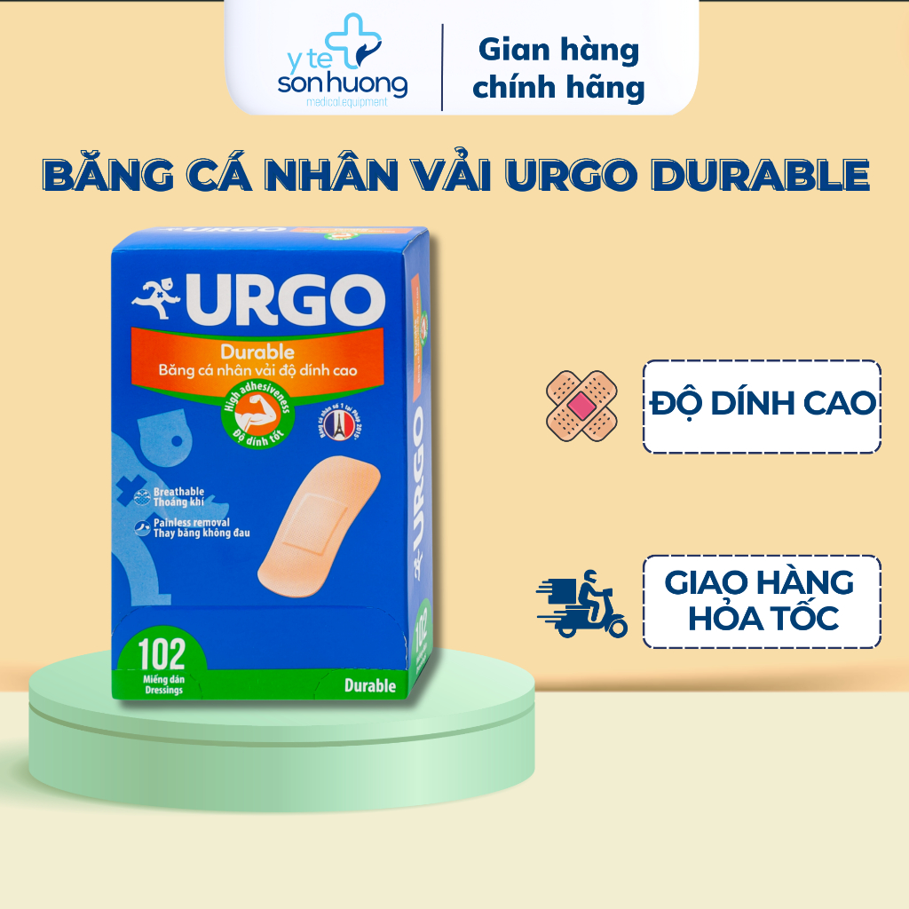 Băng cá nhân Urgo Durable vải co giãn, độ dính cao hộp 102 miếng ...