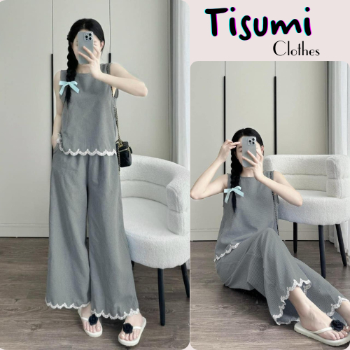Đồ ngủ nữ bộ mặc nhà set kẻ thêu tỉa chân ren nữ Tisumi Clothes ...