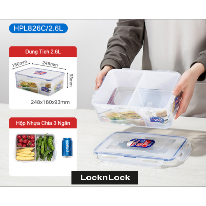 Hộp nhựa chia ngăn đựng thực phẩm lock&lock 2.6L HPL826C | Shopee Việt Nam