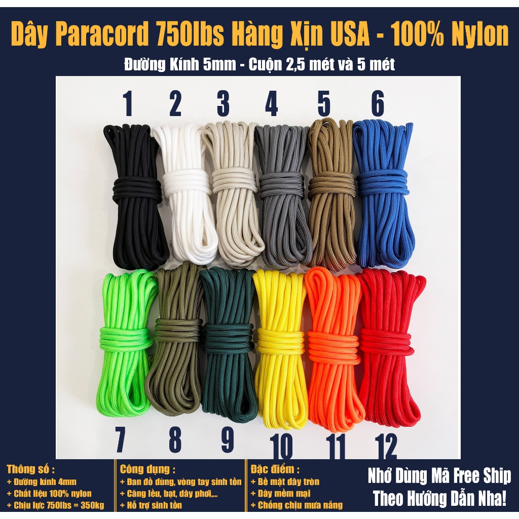 Dây dù Paracord 5mm 750lbs Hàng Xịn USA 100% Nylon | Shopee Việt Nam